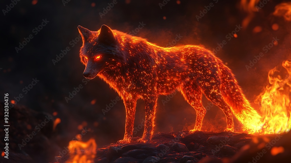 Illuminated Fire Wolf - Majestic Canine Creature with Ember Fur ...