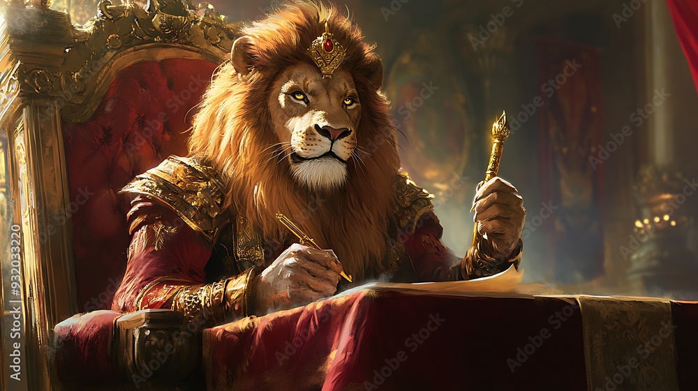 Royal Decree of the Brave Lion - Majestic fantasy scene with lion king ...