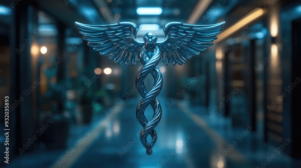 Blue medical symbol with a stylized caduceus, signifying medical ...