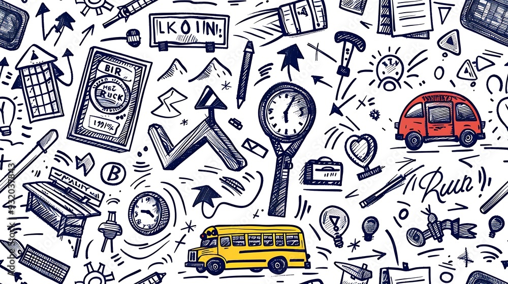 A seamless doodle pattern featuring school bus essentials like yellow ...