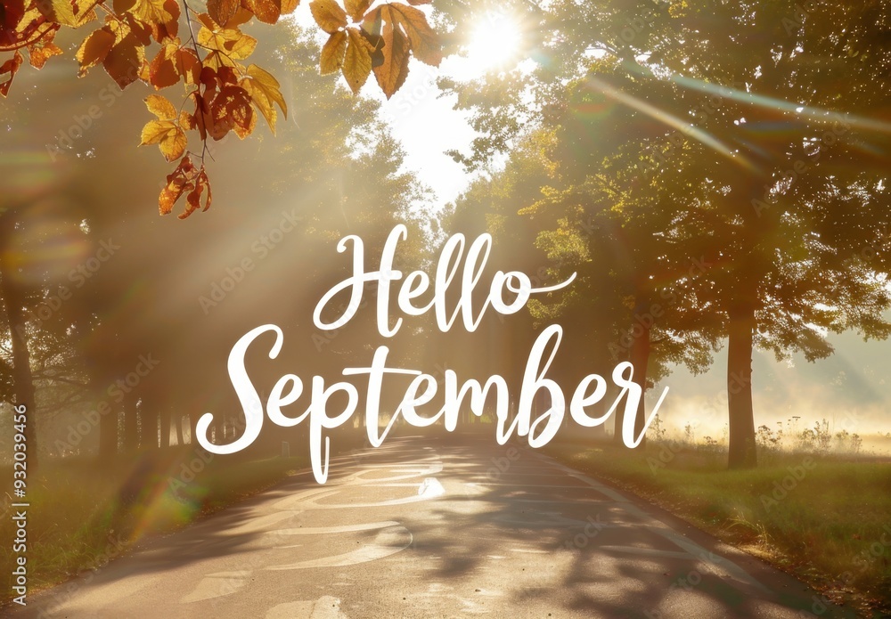 "Hello September" Written in white cursive letters on top of trees in a ...