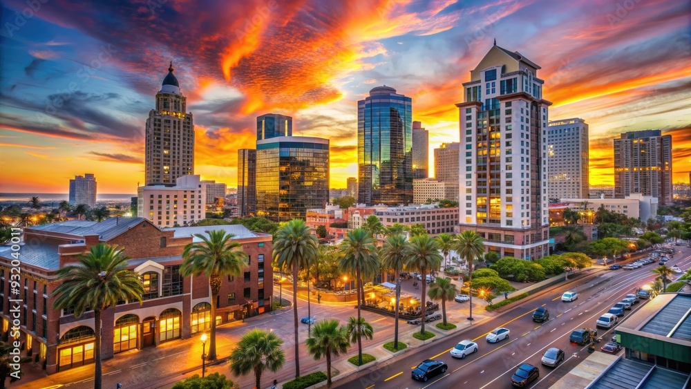 Colorful sunset over the historic Gaslamp Quarter's vibrant streets ...