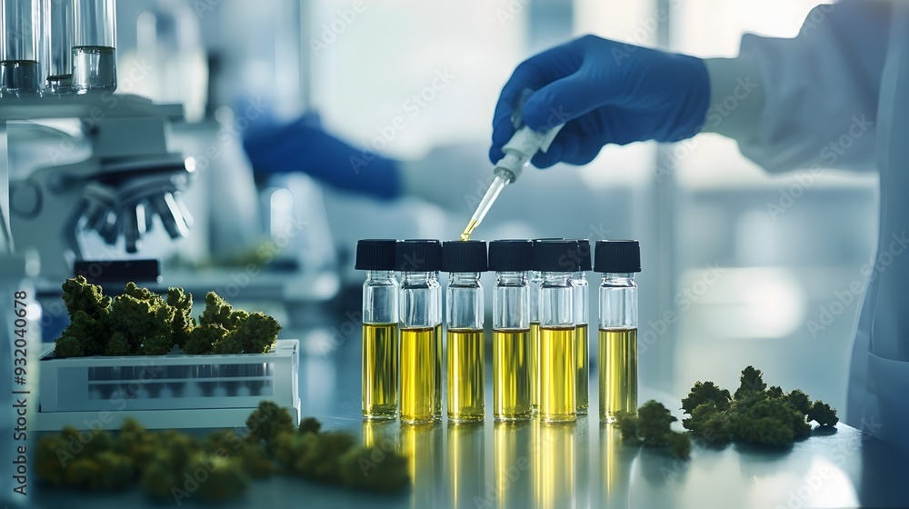 Cannabis Extract Laboratory Scientists Carefully Examining Vials and ...