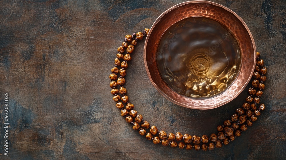 Hindu holy river water in a copper vessel with a Rudraksha mala beside ...