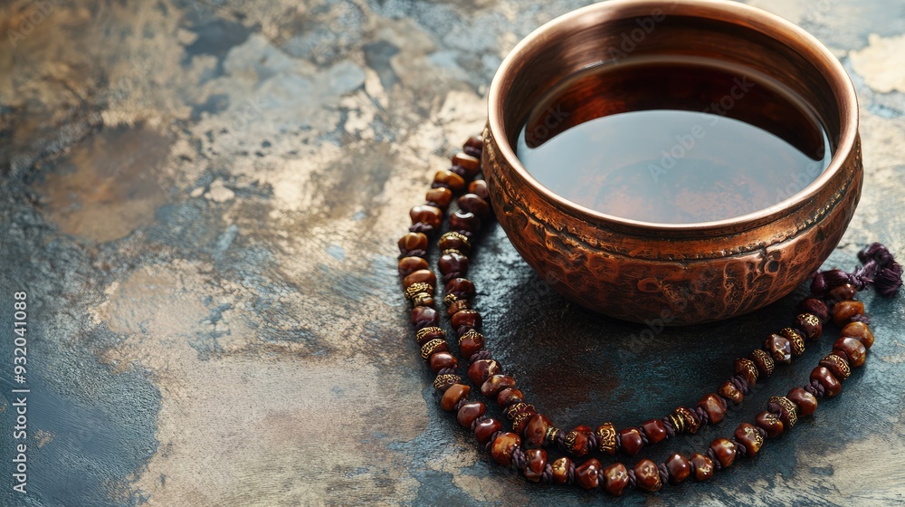 Hindu holy river water in a copper vessel with a Rudraksha mala beside ...