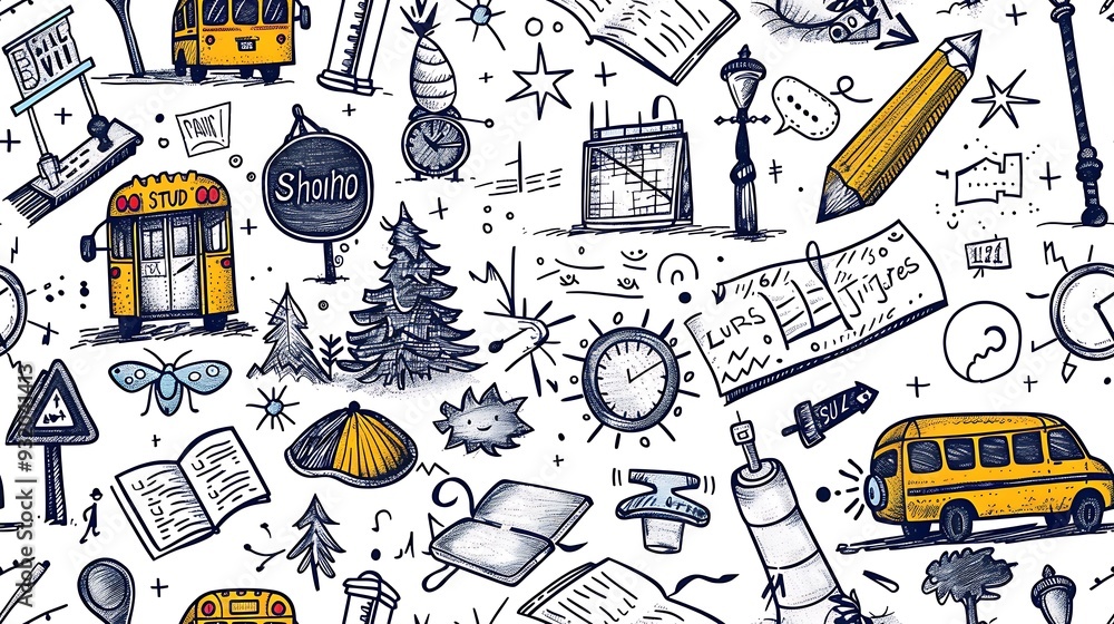 A seamless doodle pattern featuring yellow school buses, bus stops, and ...