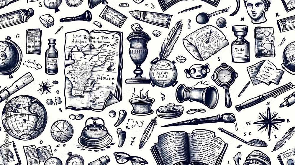 A seamless doodle pattern of scattered history elements including ...