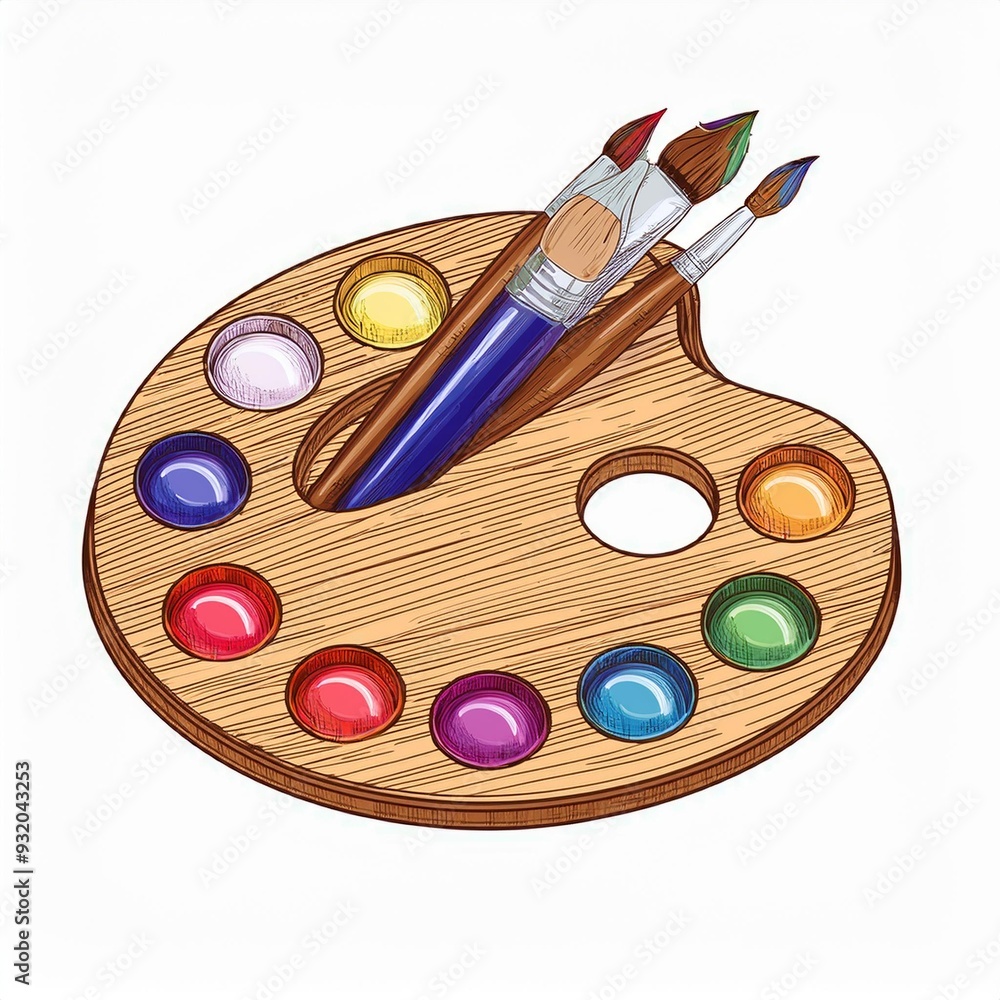 Watercolor set of art supplies, wooden palette with tubes of paints and ...