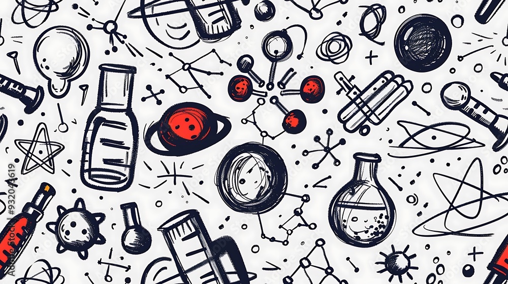 A seamless doodle pattern of scattered science tools such as beakers ...