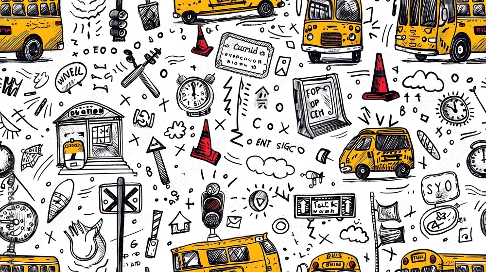 A seamless doodle pattern of scattered yellow school buses, bus stops ...