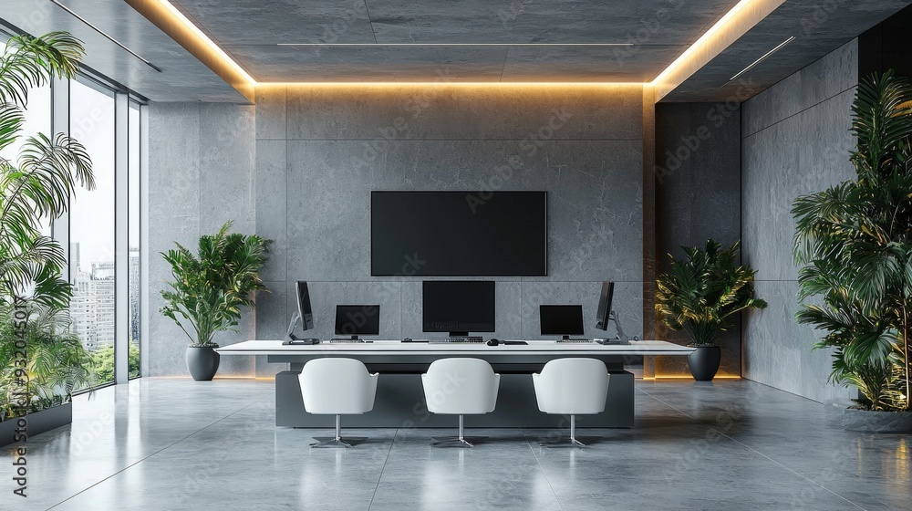 Dispetcher room with white chairs and an LED screen on wall, gray walls ...