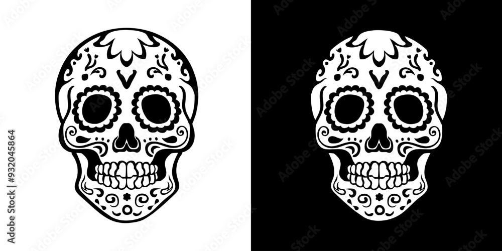 Set of two black and white hand drawn linear Calavera for Day of the ...