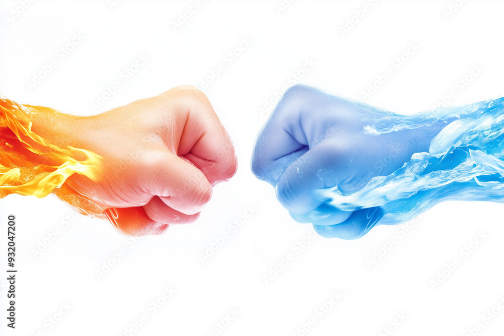 Two fists clashing, one is fire and the other ice, against a white ...