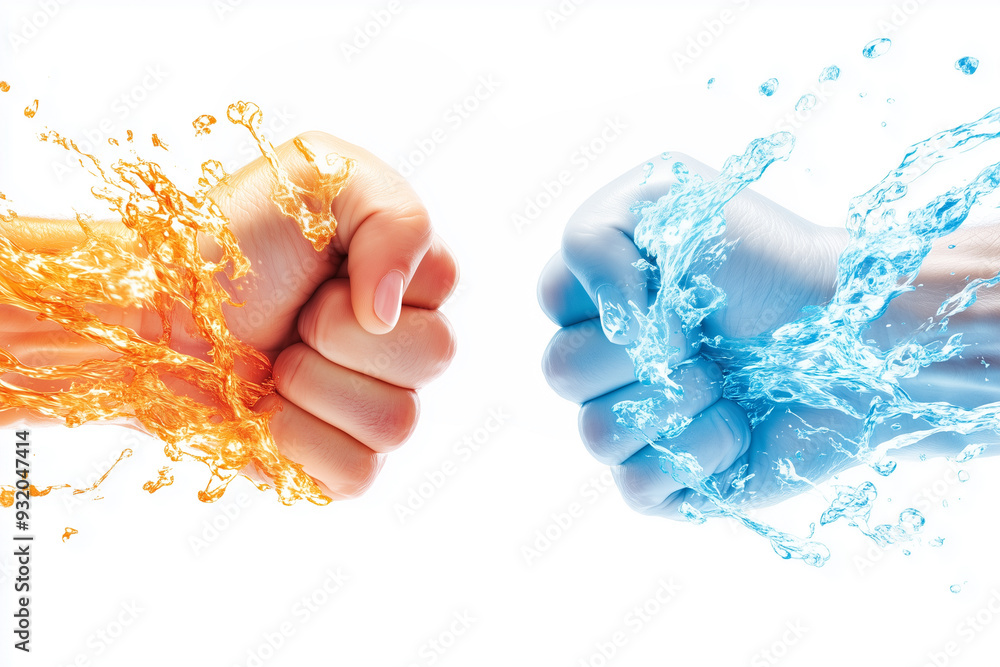 Two fists clashing, one is fire and the other ice, against a white ...