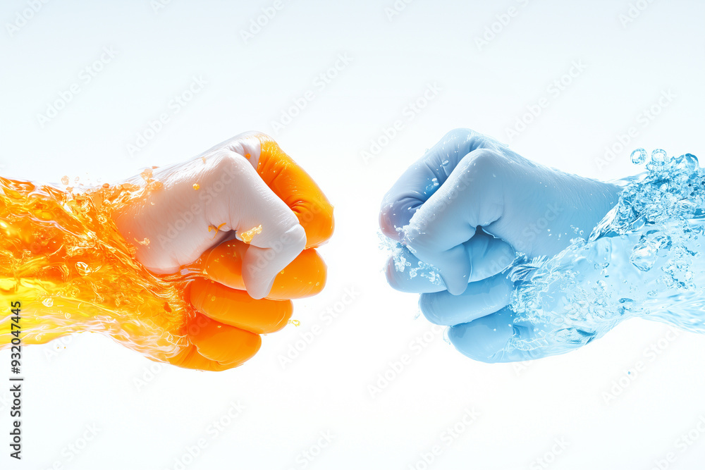Two fists clashing, one is fire and the other ice, against a white ...