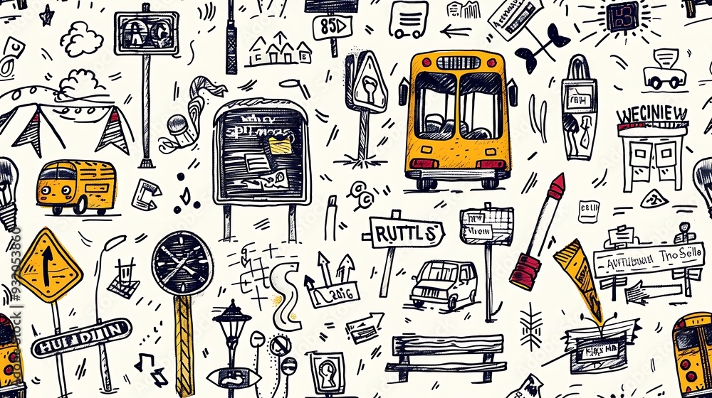A seamless pattern filled with doodles of yellow school buses, bus ...