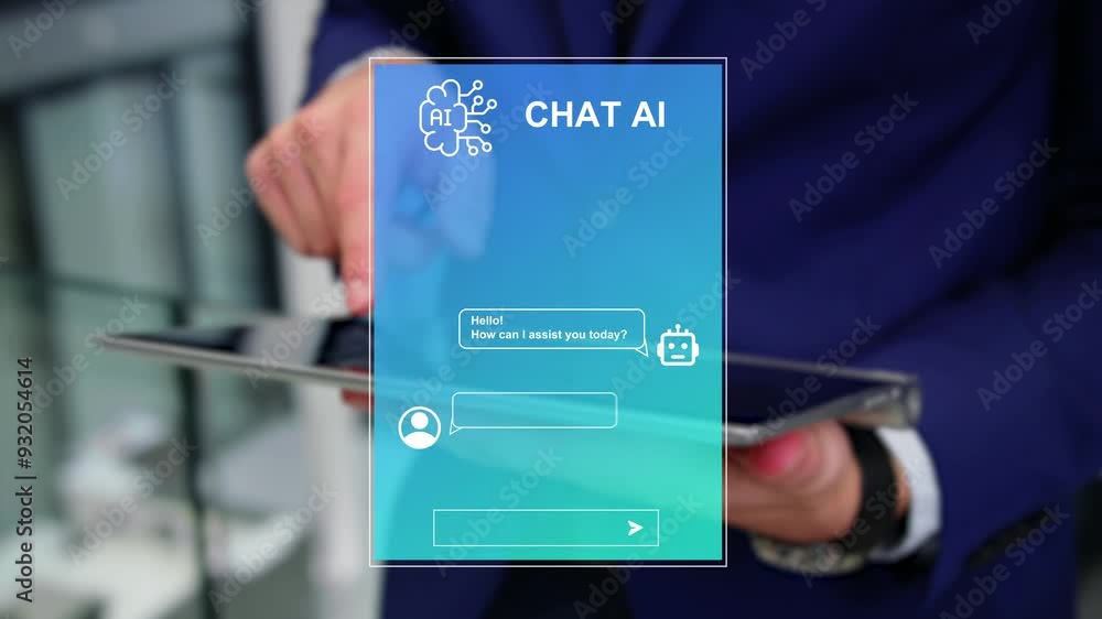 Chat with AI or Artificial Intelligence technology. A person creating ...