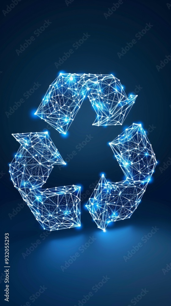 digital blue recycle icon low poly wireframe , environmental ...