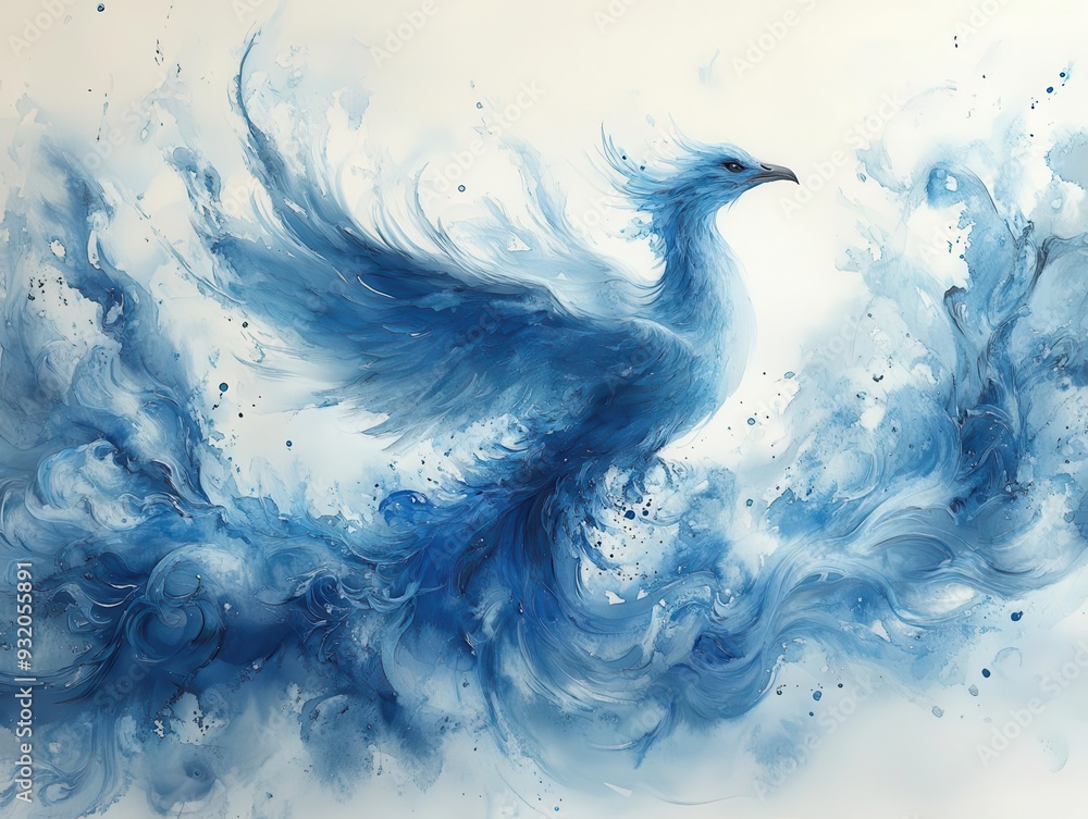 abstract watercolor painting of a majestic blue phoenix rising from ...