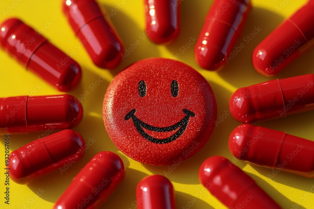Vibrant and cheerful arrangement of red pill capsules forming a ...