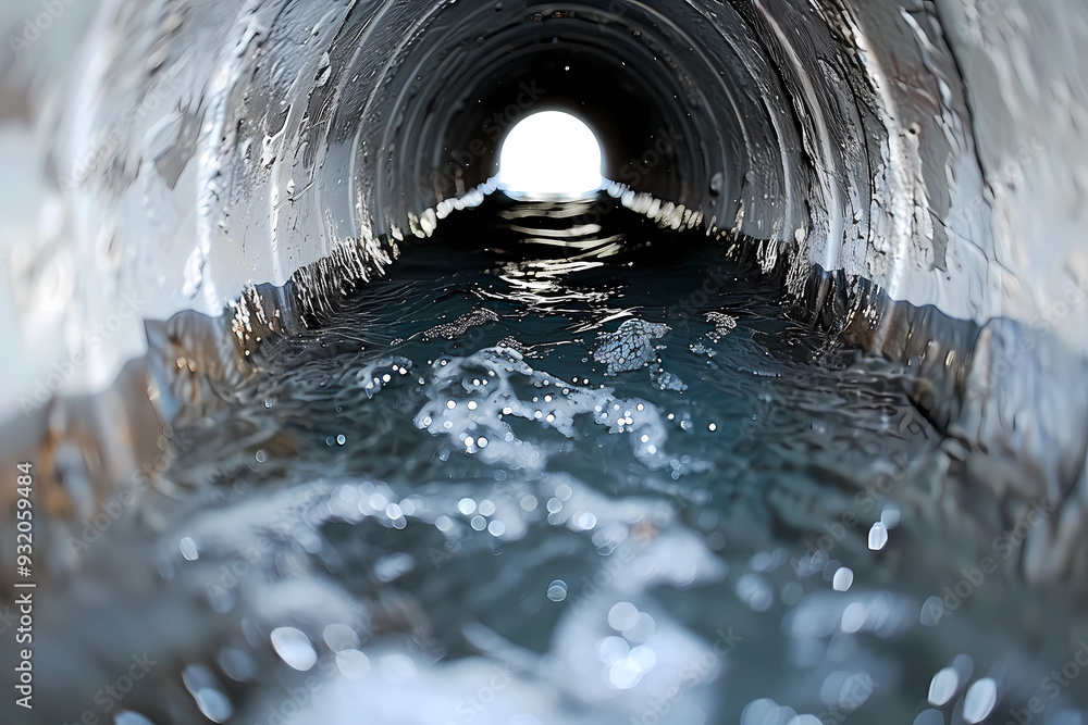 Water flows steadily through a weathered concrete sewer pipe Stock ...
