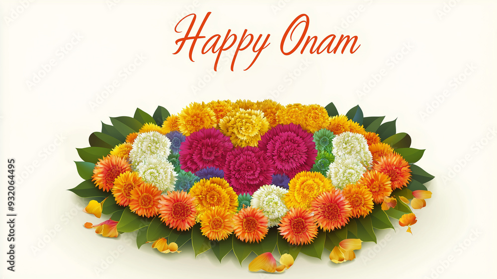 Illustration, traditional indian pookalam, text " Happy Onam". south ...