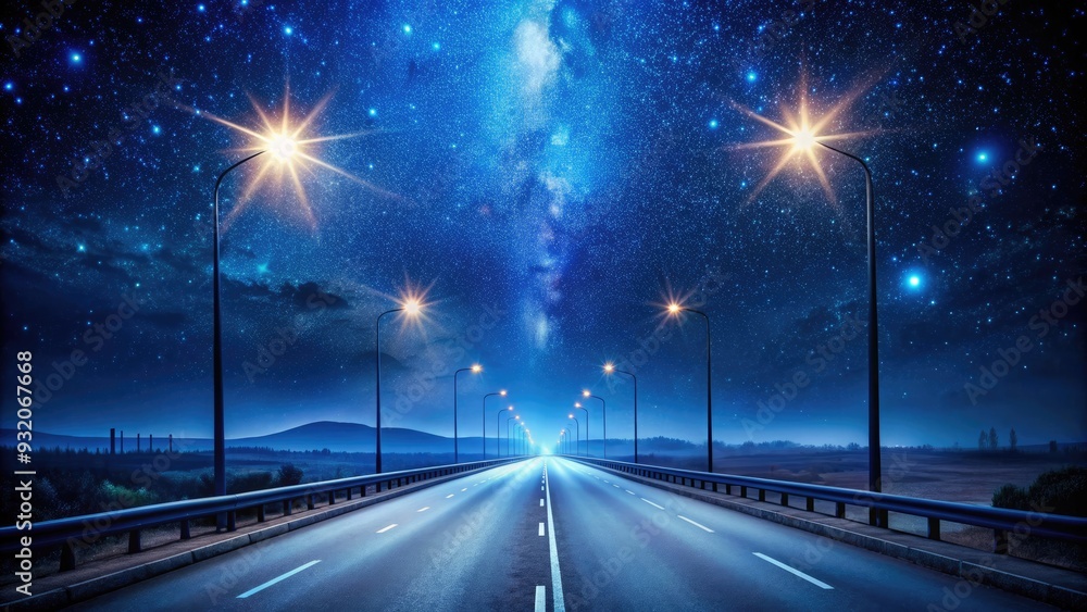 Dimly lit highway stretches into the darkness, flanked by eerie shadows ...