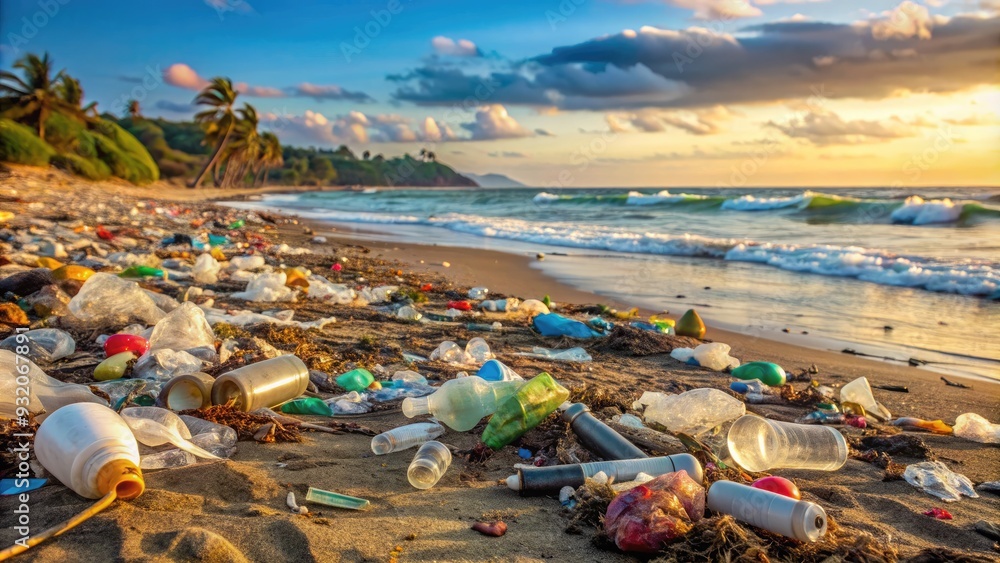 Discarded plastic bottles, bags, and trash litter a polluted beach ...