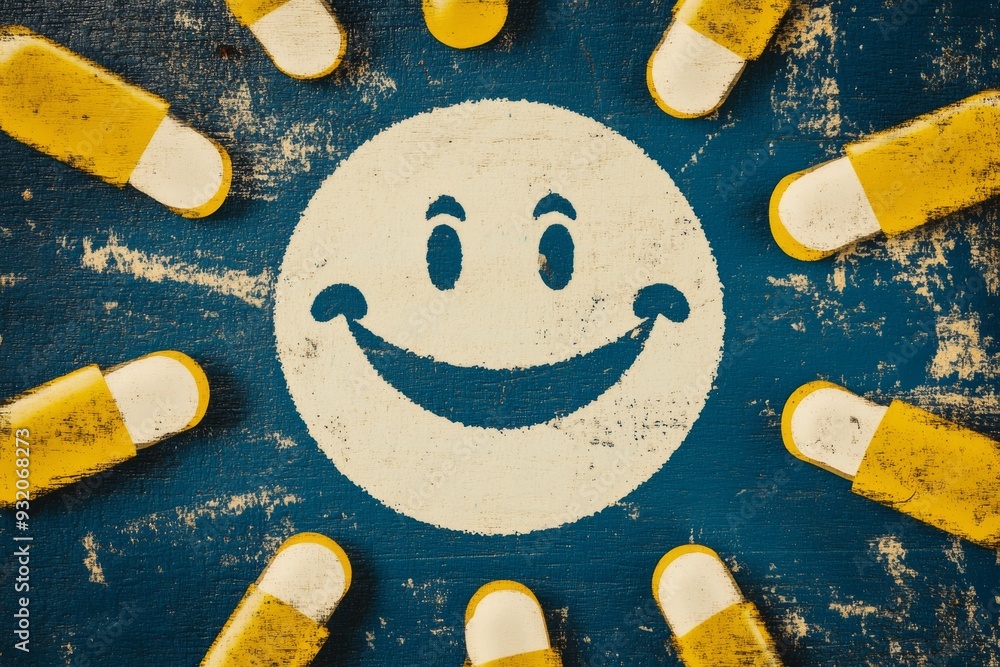 Smiley face made from pills arranged in a circular pattern on a ...