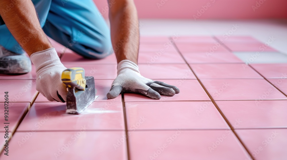 Tile installer laying new tiles in a bathroom, meticulously aligning ...
