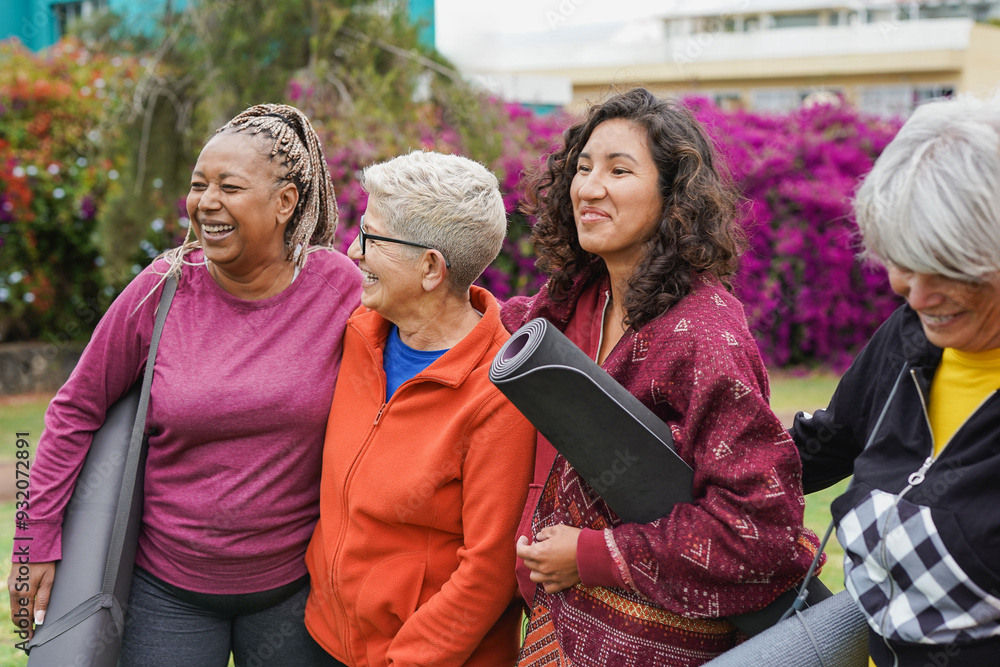 Multiracial group of women walking to yoga class at city park - Multi ...