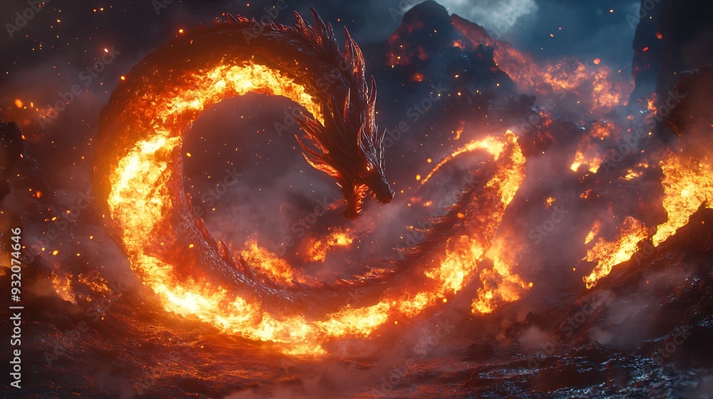 Roaring Dragon Tail in Flames - Illustration of Fiery Creature Amid ...