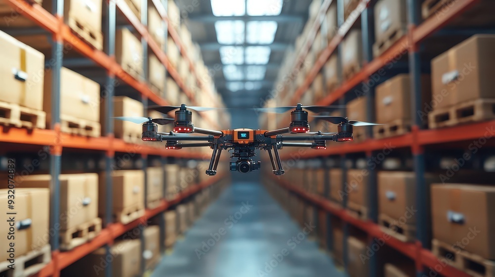 automated warehouse with swarms of coordinated drones and robotic arms orchestrating a complex ...