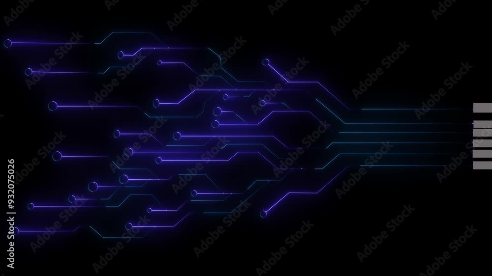 4k 3d Circuit Board with neon line moving electrons Data Flow Loop Background Animation ...