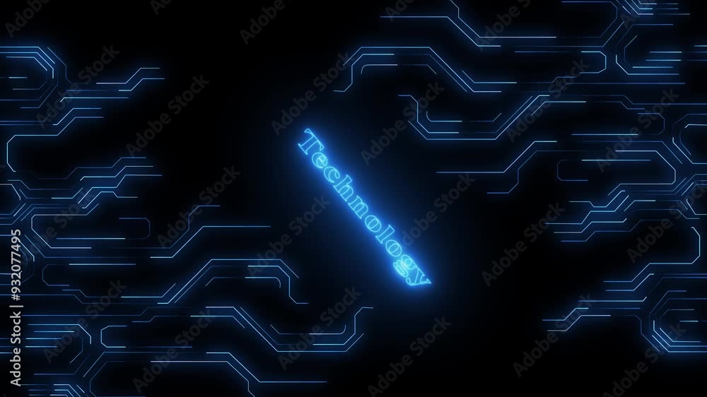 4k 3d Circuit Board with neon line moving electrons Data Flow Loop ...