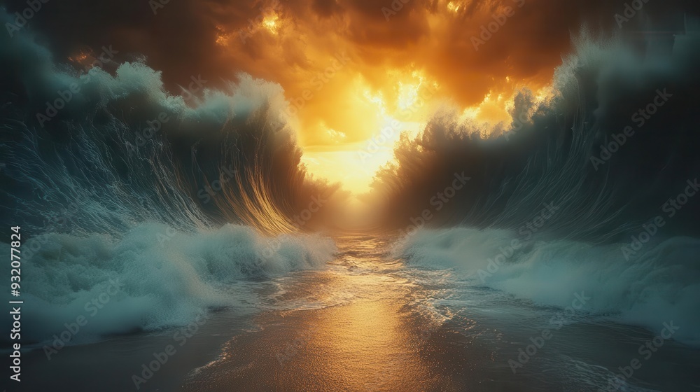 biblical epic moses parting red sea dramatic stormy sky massive ...