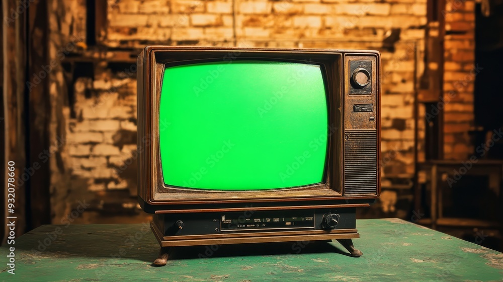 Vintage Television with Green Screen on Rustic Table - A vintage ...