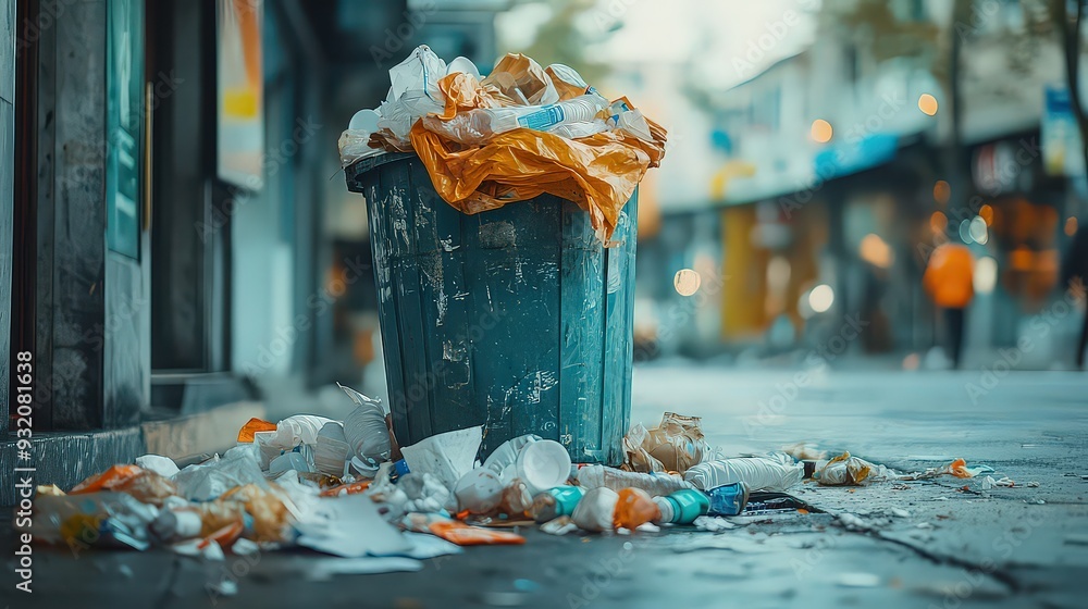 scene showing a trash can overflowing with discarded items ...