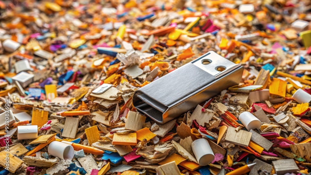 usb drive buried beneath a heap of crushed papers and broken pencils in ...