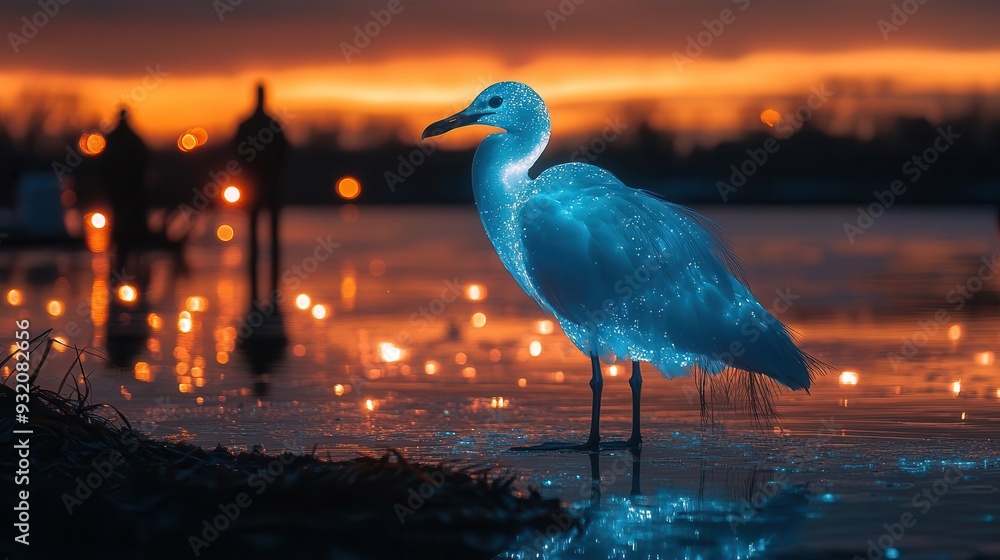 bioluminescent seagull made of swirling plankton reflected in alien ...