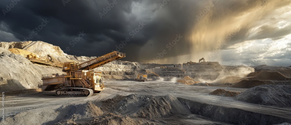 Expansive sulfur mine with machinery and sulfur piles under a dramatic ...