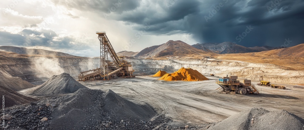 Expansive sulfur mine with machinery and sulfur piles under a dramatic ...