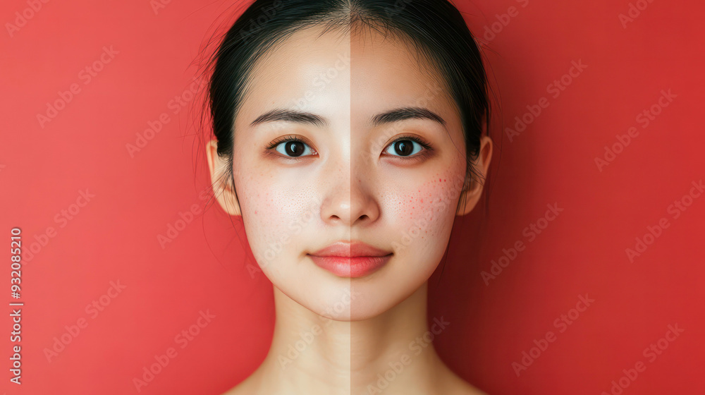 The two faces are of a woman with a red rash on her face. The left face ...