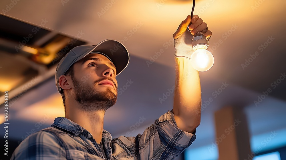 electrician installing a modern ceiling light fixture, with focus on ...