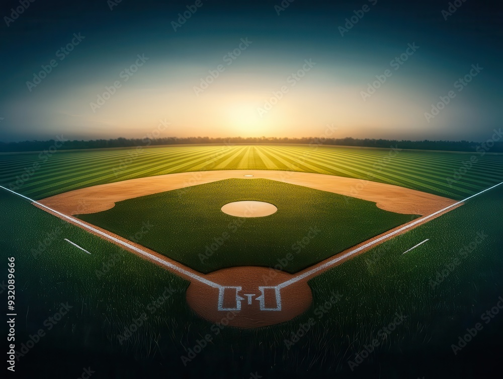 Topdown view of a pristine baseball field at sunrise, geometric ...