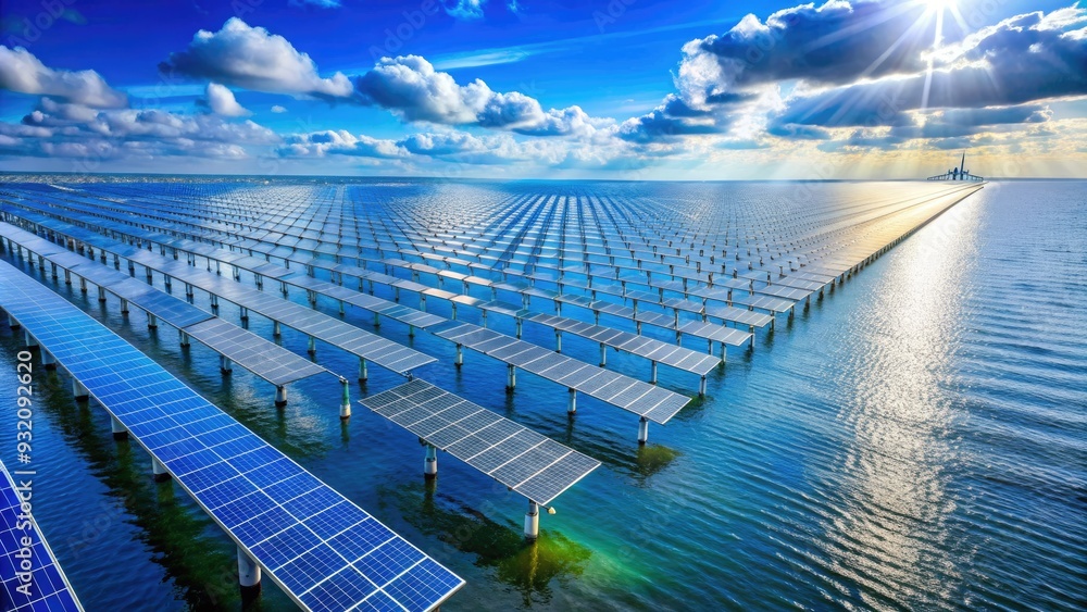 Elevated perspective of a vast offshore solar farm with rows of panels ...