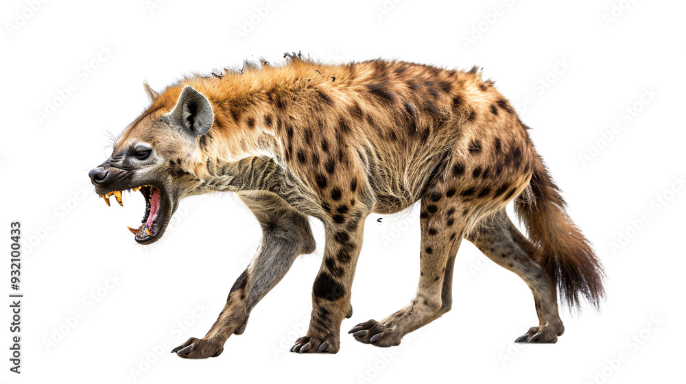 Hyena cackling as it closes in on its prey, white background for ...