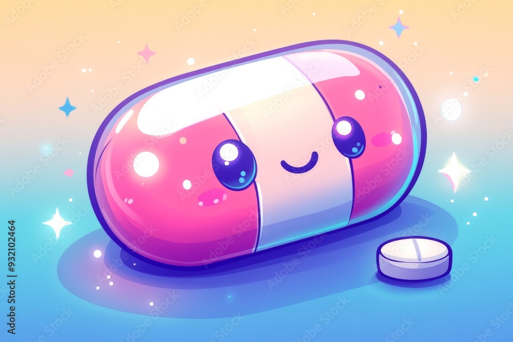 Charming illustration of a cute pink and white capsule with a friendly ...