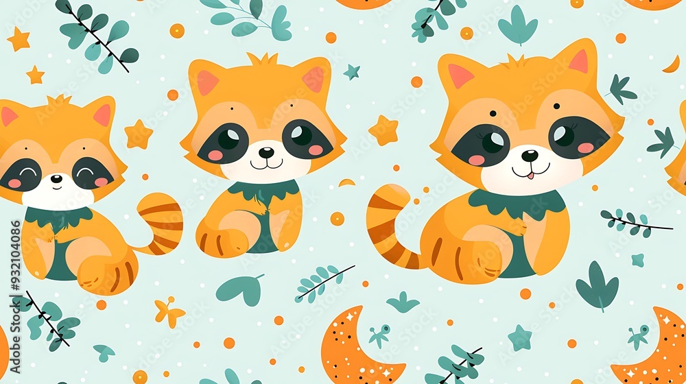A seamless pattern of playful cartoon bats and raccoons fluttering and ...