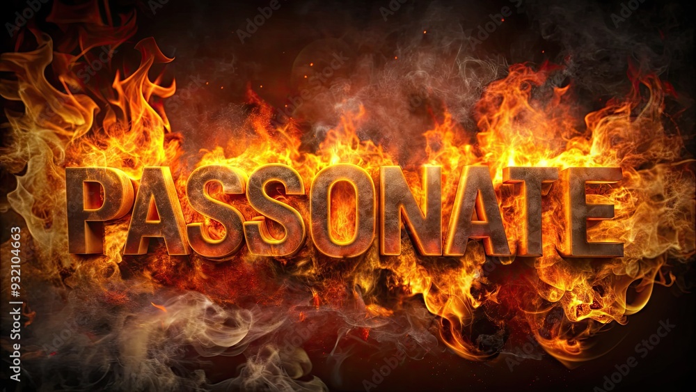 Flames engulf bold, smoke-distorted font, spelling out a passionate ...
